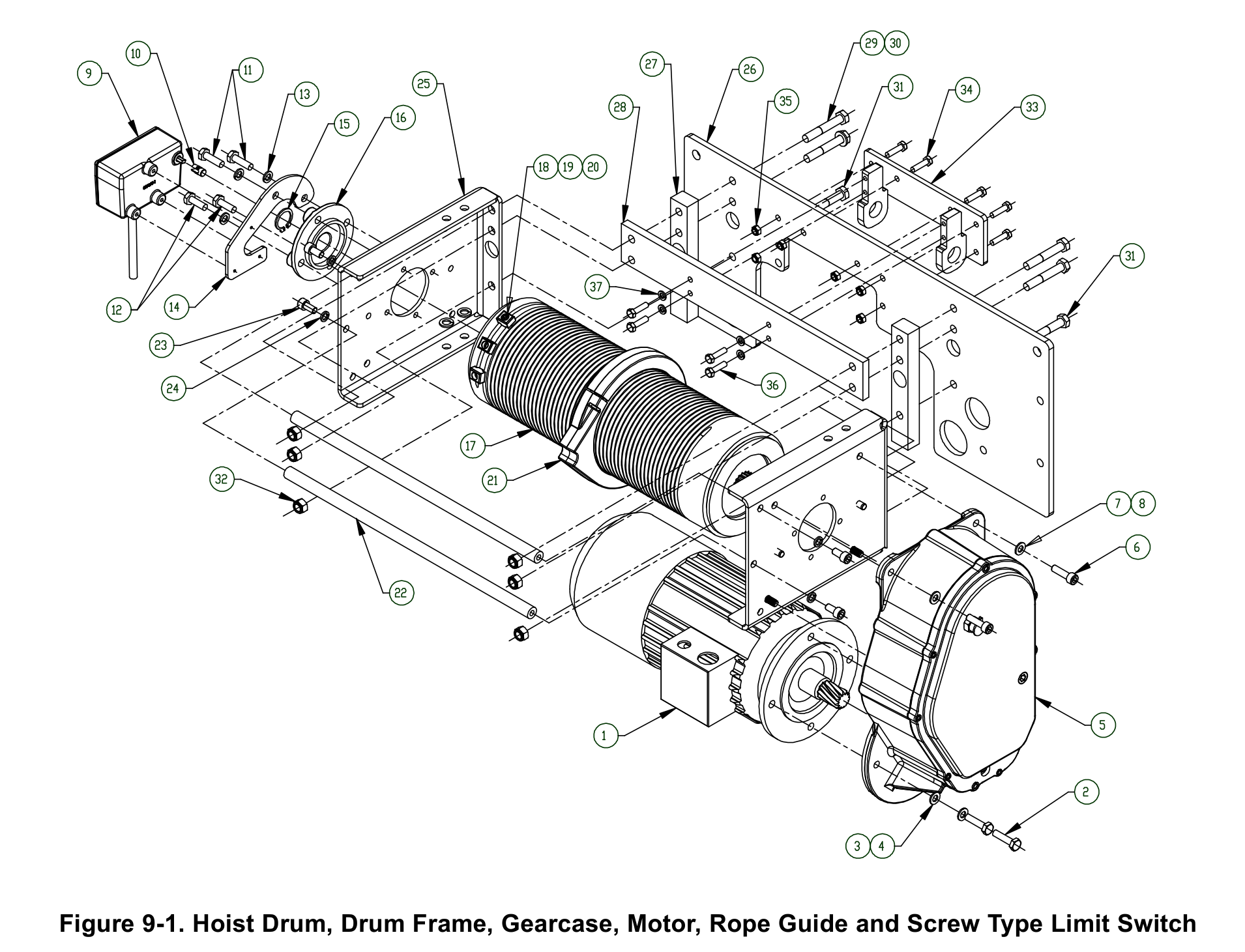 Drum, Gearcase, Motor, Rope Guide, Limit Switch - Otsego Crane & Hoist